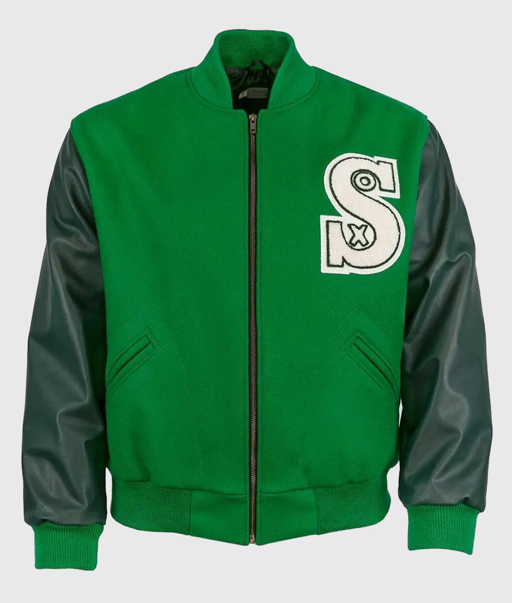 Pubg 5M Black Leather Sleeves Green Gaming Varsity Jacket