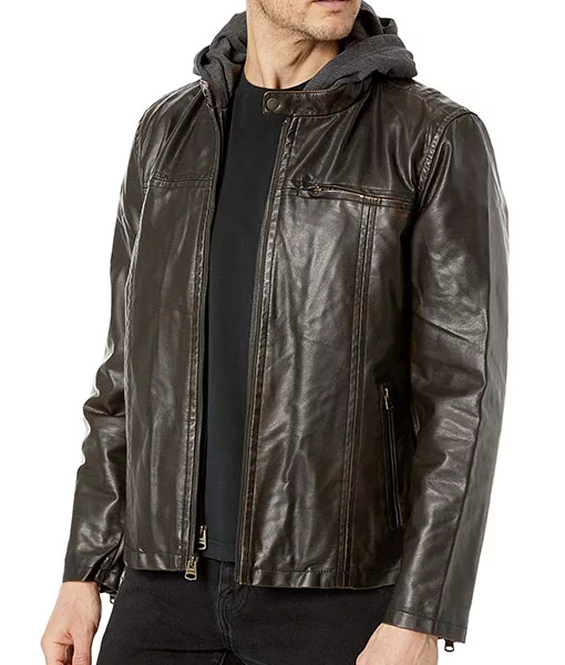 Edward Dark Brown Leather Jacket with Removable Hood | TLC