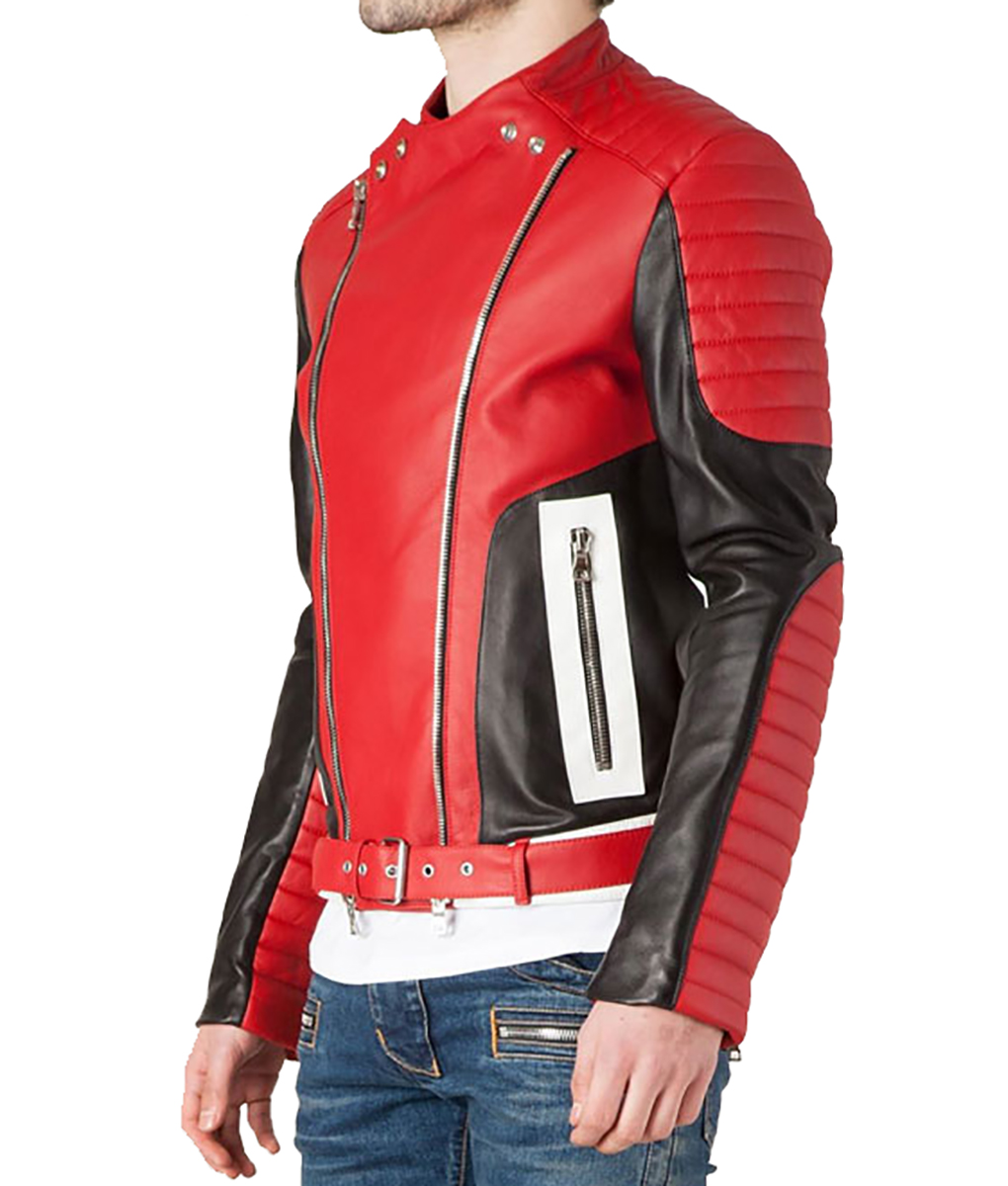Men's Padded Red Leather Biker Jacket | TLC