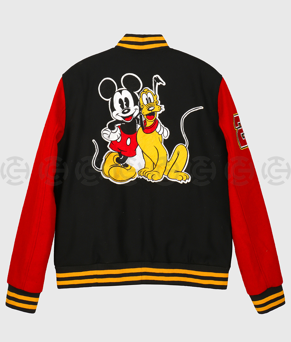 Mickey Mouse and Pluto Black and Red Varsity Jacket | TLC