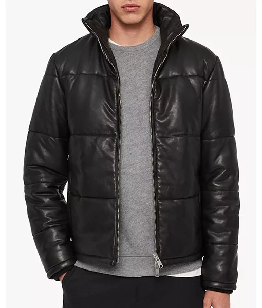 Men's Jet Black Real Leather Puffer Jacket | TLC