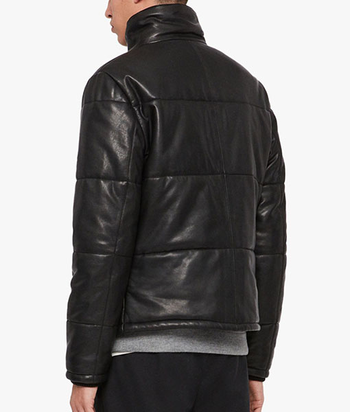 Men's Jet Black Real Leather Puffer Jacket | TLC