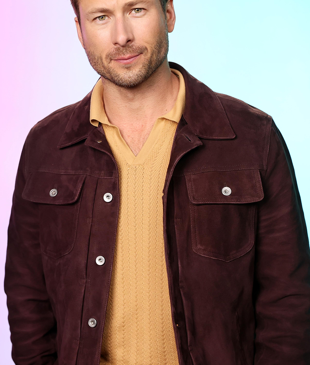 Glen Powell Hitman Gary Johnson Brown Suede Trucker Jacket | TLC UK