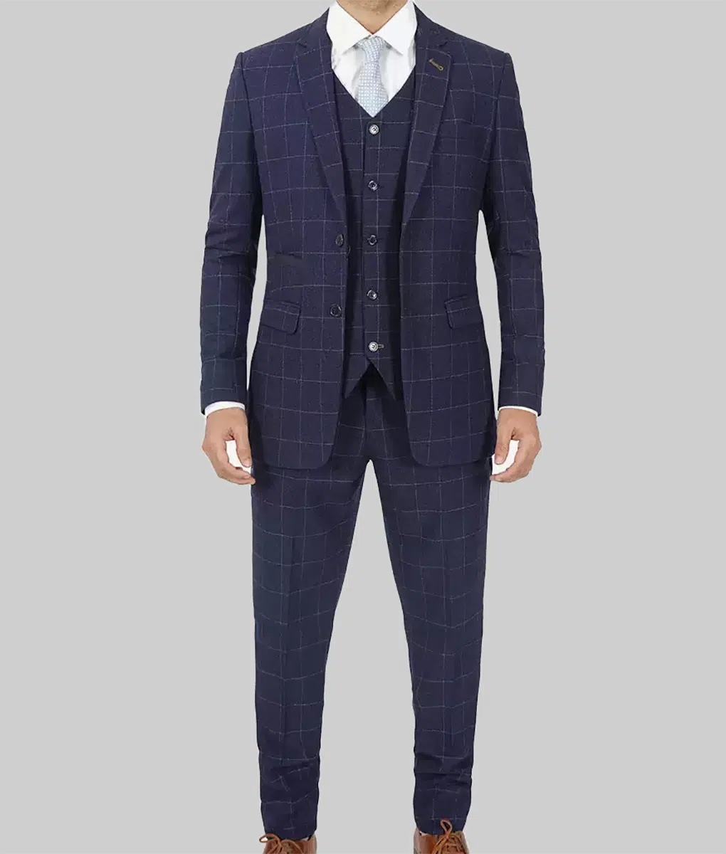Mens Navy Blue Checkered Pattern 3 piece suit | TLC UK