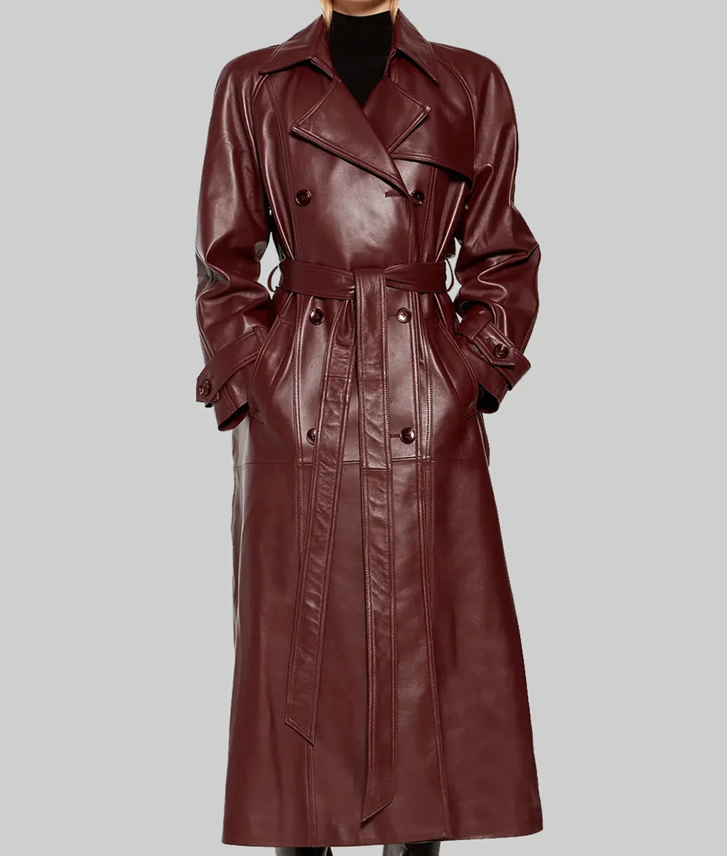 Megan Fox Maroon Leather Trench Coat - TLC UK