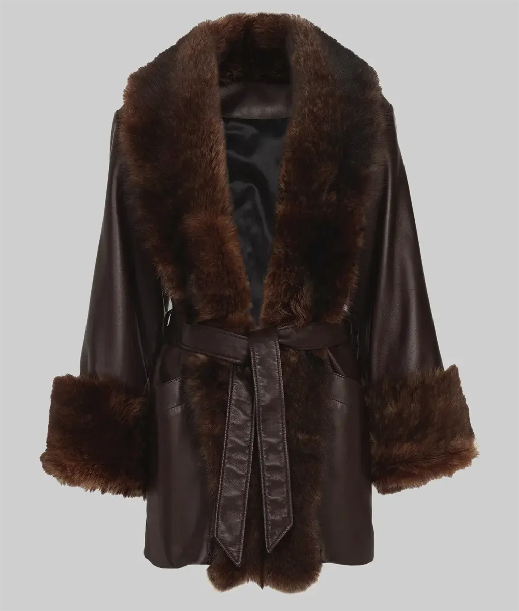 Suki Waterhouse Brown Leather Fur Coat | TLC UK
