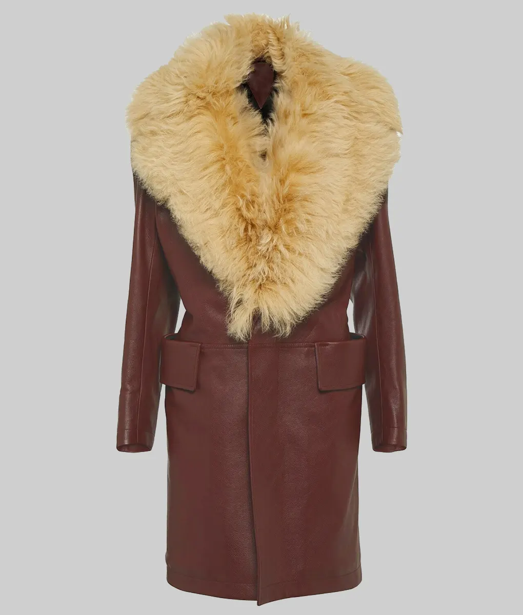 Dua Lipa Fur Collar Maroon Leather Coat | TLC UK