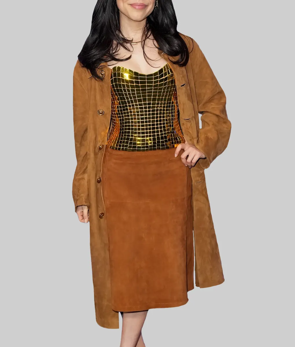 Jenna Ortega Attends SNL50 Brown Suede Coat | TLC UK