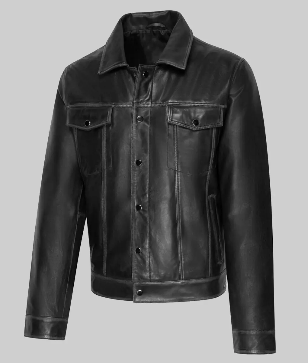 Justin Bieber Black Leather Trucker Jacket | TLC UK