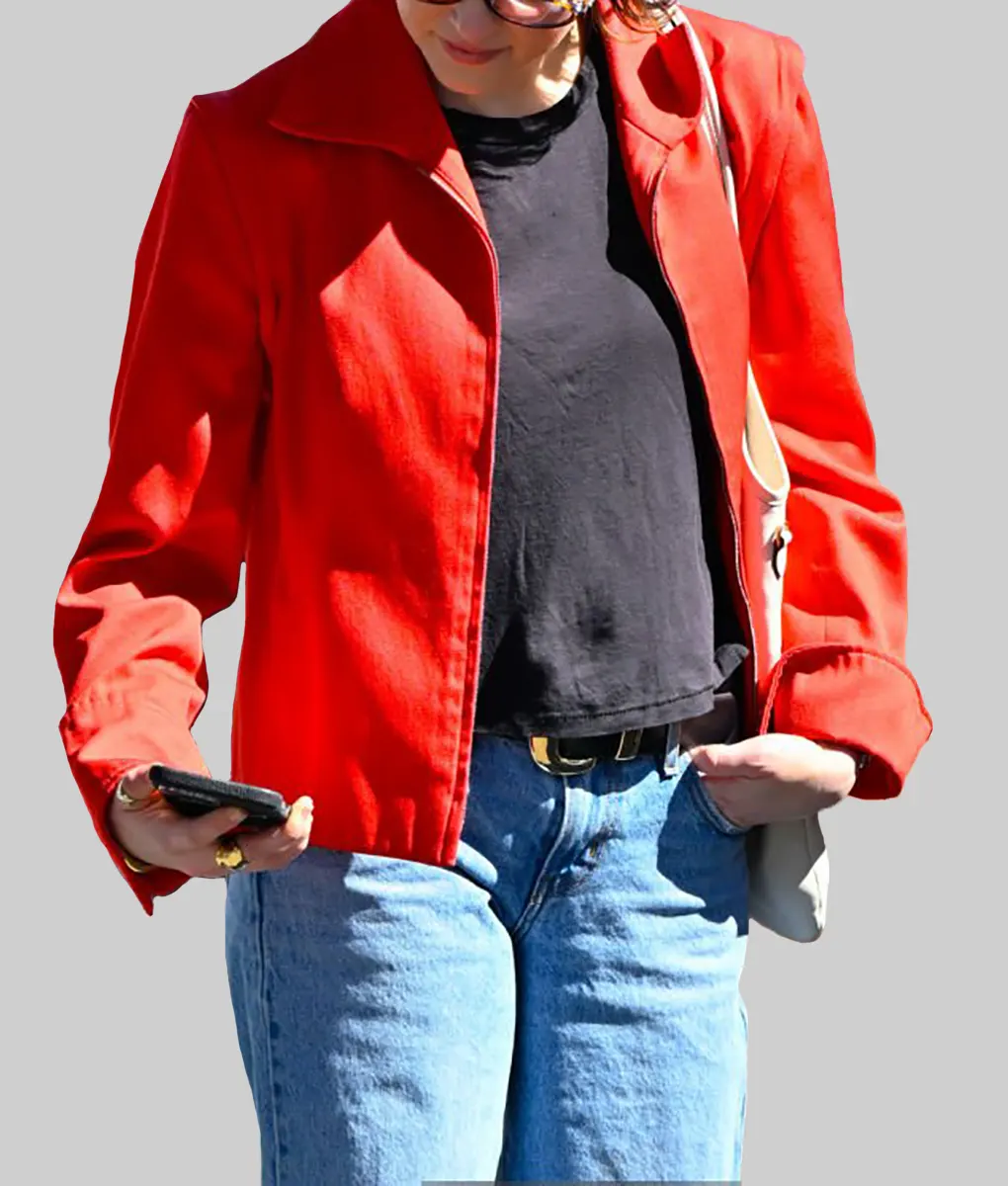 Zoey Deutch Red Cotton Jacket | TLC UK