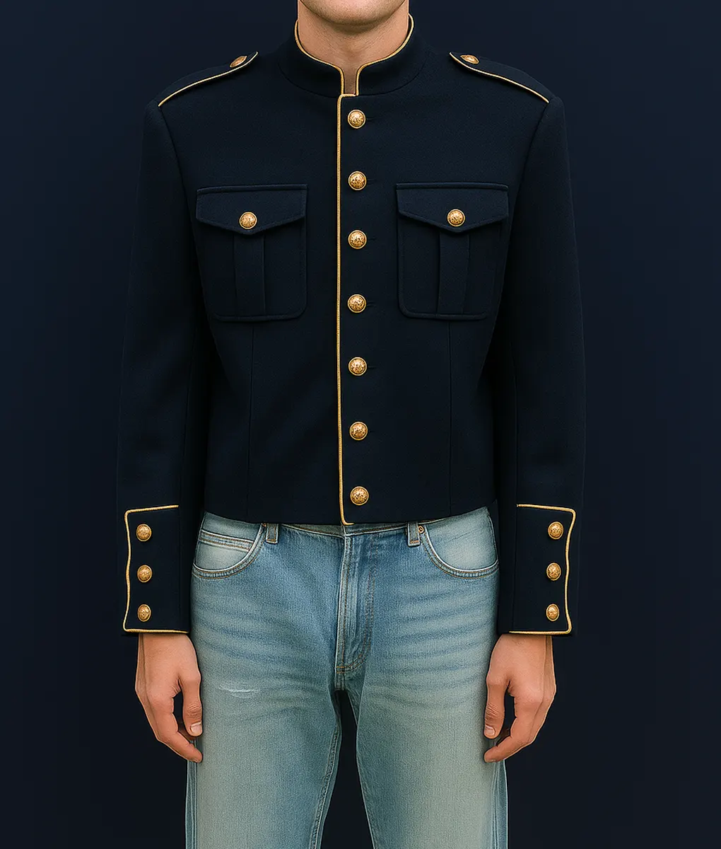 Netflix Tudum 2025 Noah Schnapp Dark Blue Mlitary Jacket | TLC UK