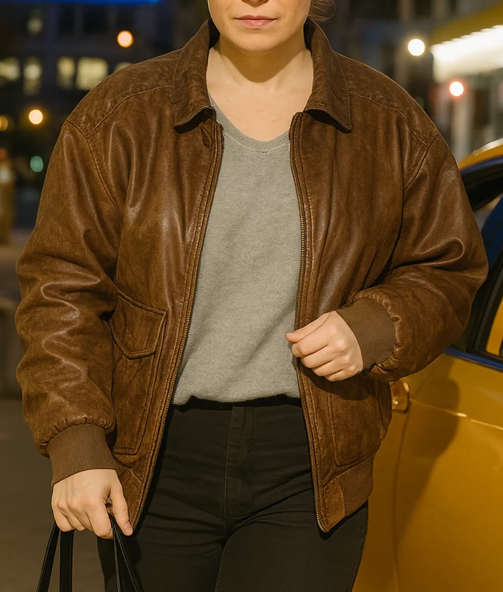 Relay Lily James Distressed Brown Leather Jacket | TLC UK