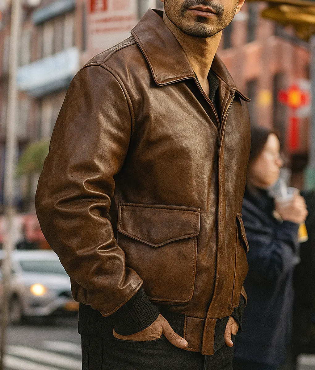 Relay Riz Ahmed (Tom) Distressed Leather Bomber Jacket | TLC UK